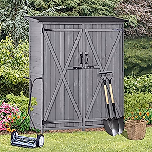 Outdoor Storage Shed with Floor, Wooden Storage Cabinet Waterproof, Garden Tool Shed with 3-Tier Shelves, Outside Vertical Shed with 2 Double Doors, Fir Wood, 2 Locks & Handles (Gray)