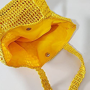 Weiwu Handmade Straw Bag,Travel Beach Fishing Mesh Bag, Straw Woven Bag Female Pastoral Style Weaving Hollow Shoulder Bag (Beige - With lining bag)