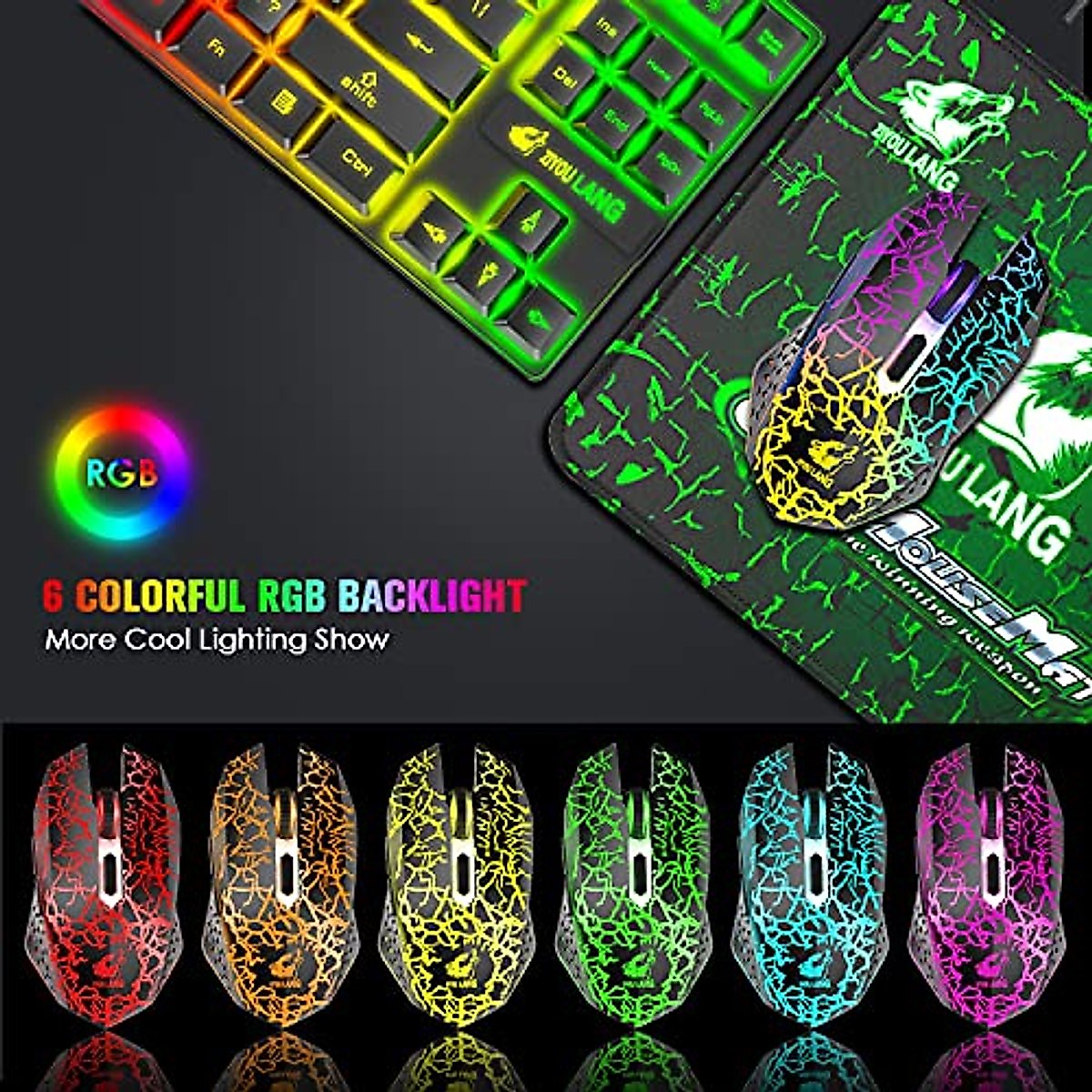 Wireless Gaming Keyboard and Mouse Combo,Rainbow Backlit Rechargeable 3800mAh Battery,87 Keys Mechanical Feel Ergonomic Waterproof Keyboard,RGB Gaming Mute Mouse and Mousepad for PC Gamers (Black)