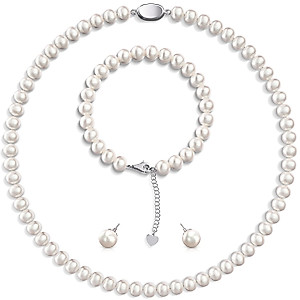 AOOVOO Genuine Freshwater Cultured Pearl Necklace for Women Girls, 9-10mm White Pearl Necklace and Earrings Set 3Pcs in AAA Quality, Mothers Day Birthday Valentine's Day Gifts, Luxury Box