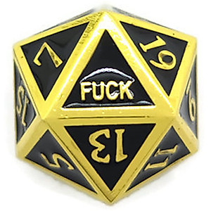 Black and Gold Metal D20 F*** Dice Critical Fail F 20 Sided Die Set DND Black Gunmetal Color Number for Role Playing Game Dungeons and Dragons D&D Pathfinder Shadowrun and Math Paladin