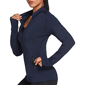 PINSPARK Women's Track Jacket Athletic Workout Running Jacket Full Zip Up Sportswear Lightweight Tops Navy Blue M