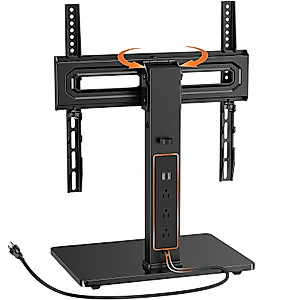Perlegear Universal Swivel TV Stand with Power Outlet, Tabletop TV Stand for 32–60,65 Inch TVs up to 88 lbs, Tempered Glass TV Mount Stand Base with Height Adjustment, Tilt, Max VESA 400x400mm,PGTVS27