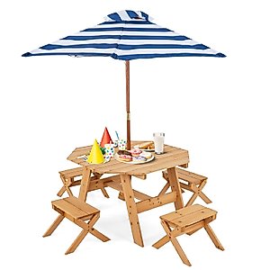 Costzon Kids Picnic Table, Fir Wood Octagon Kids Table and Chair Set with Removable Umbrella, Toddler Activity Table for Backyard, Garden, Patio, Kids Outdoor Furniture for Boys Girls (Natural)