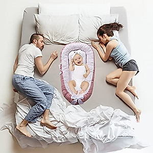 Baby Lounger for Newborn 100% Cotton Baby Nest Co-Sleeper for Baby in Bed Infant Newborn Lounger Adjustable Size & Strong Zipper Lengthen Space to 3 Tears Old(Polka Dot Red)