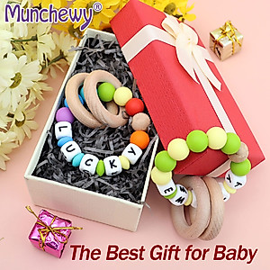 Munchewy Personalized Teether with Name, Customizable Silicone Sensory Chew Bracelet Rattle Ring with Natural Organic Beech Wood Teething Rings for Baby Girls Teether Toys(LightPink/Lilac)