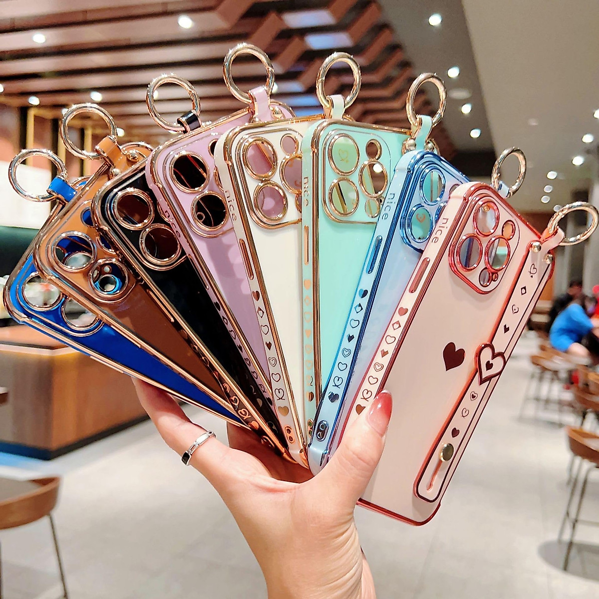 IDweel for iPhone 13 Pro Max Case with Adjustable Wristband Strap Kickstand Loop Heart Luxury Plating,Raised Corners Bumper Shockproof Slim Fit Durable Cover for Women Girls,Rose Gold