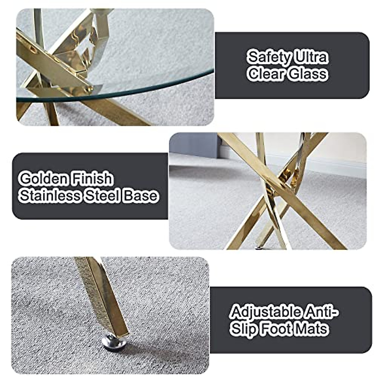 36" Round Dining Table for 4, Glass Kitchen & Dining Room Tables, Modern Circle Dining Room Table with 0.39" Tempered Glass Tabletop and Cross Stainless Steel Legs for Dinner Small Spaces