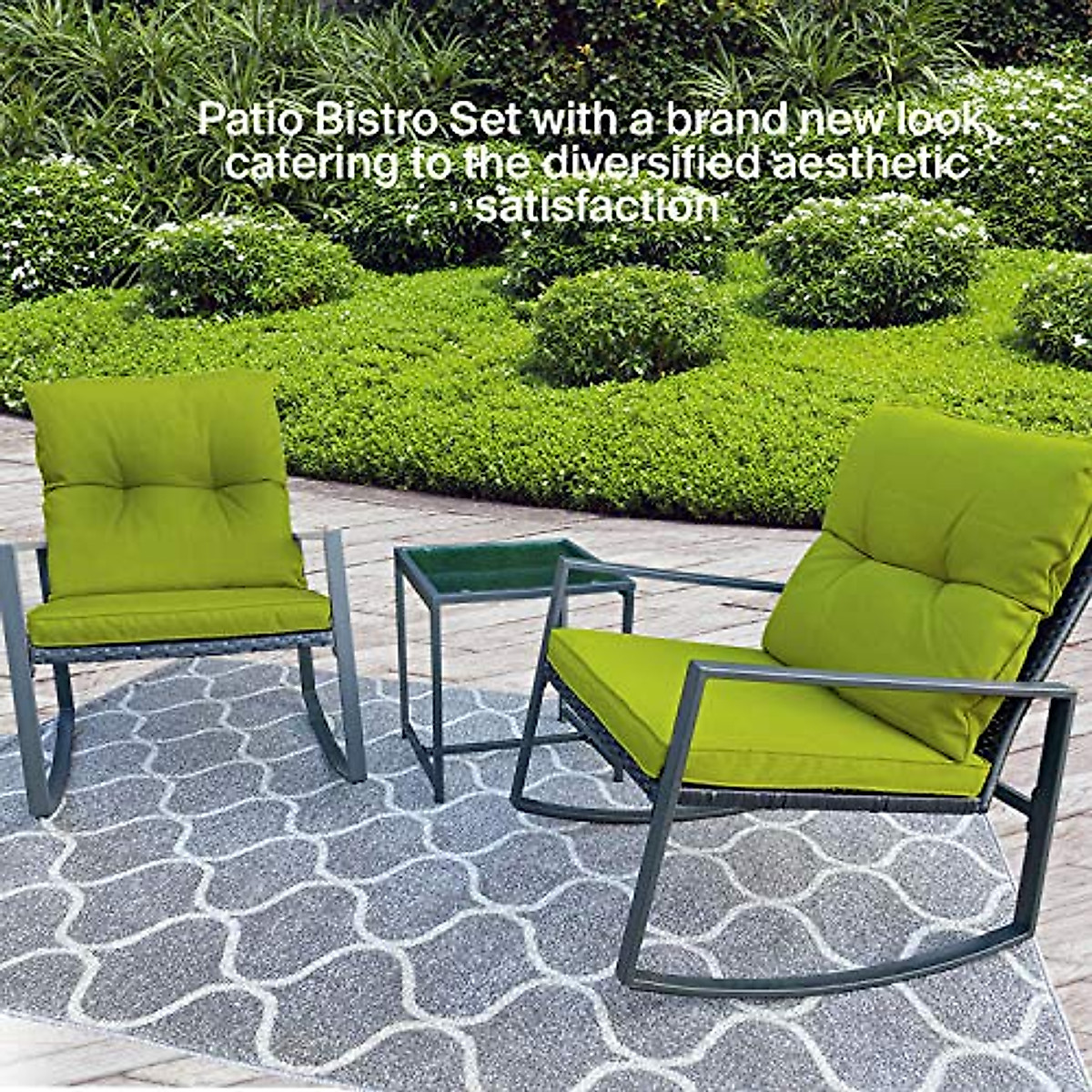 Pyramid Home Decor 3-Piece Rocking Bistro Set - Durable & Stylish Synthetic Wicker Outdoor Furniture - Glass Coffee Table with 2 Chairs for Balcony, Patio & Porch - Black Metal, Soft Green Cushions