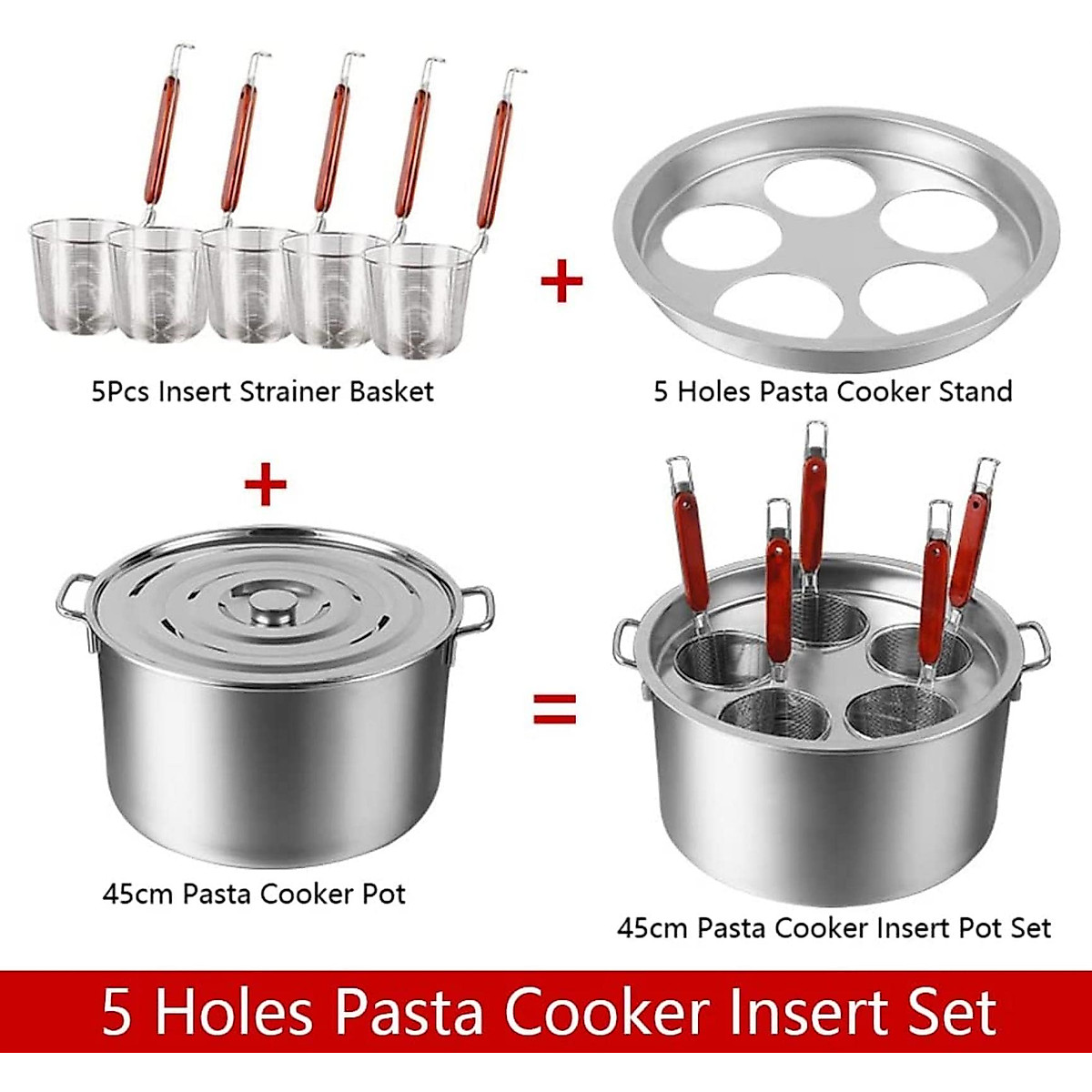 ANSNAL Stainless Steel Pasta Cooker Insert Set, Commercial Stock Pot with Pasta Pot and Insert Strainer Steamer Basket for Home Kitchen Restaurant Cookware, 4 Holes