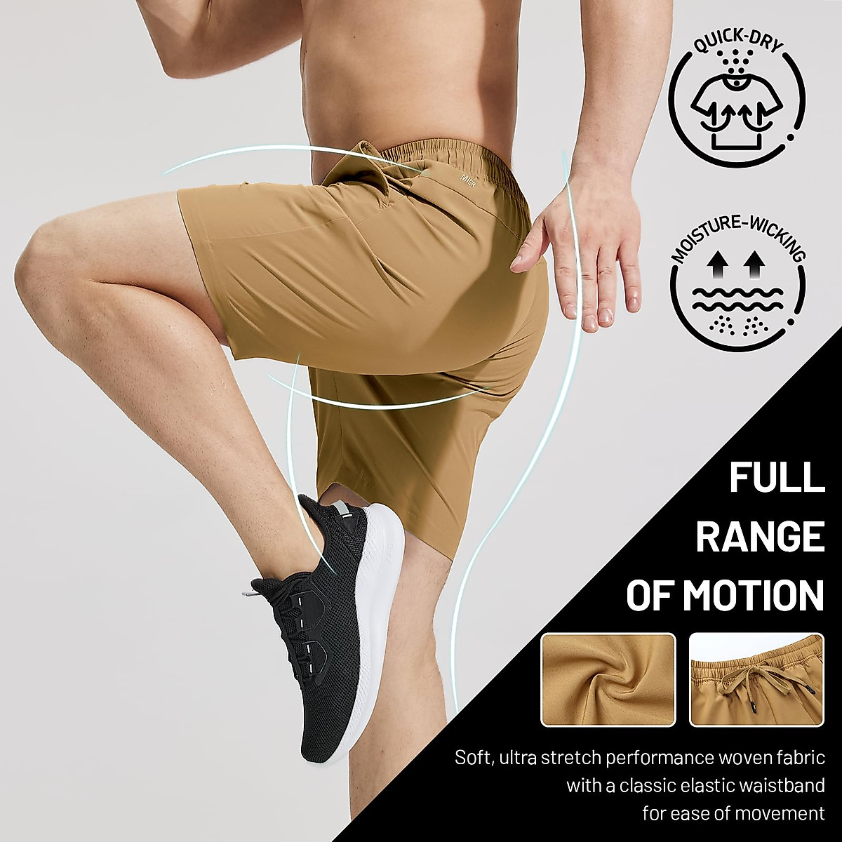 MIER Men's Quick Dry Running Shorts with Zipper Pockets, 7" Athletic Workout Gym Exercise Fitness Shorts Without Liner/Brief, Khaki, XL