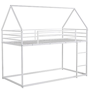 Bunk Bed Twin Over Twin Junior Metal Floor Bunk Bed with Ladder, House Shaped Bunk Bed Frame for Kids Boys Girls, No Box Spring Needed