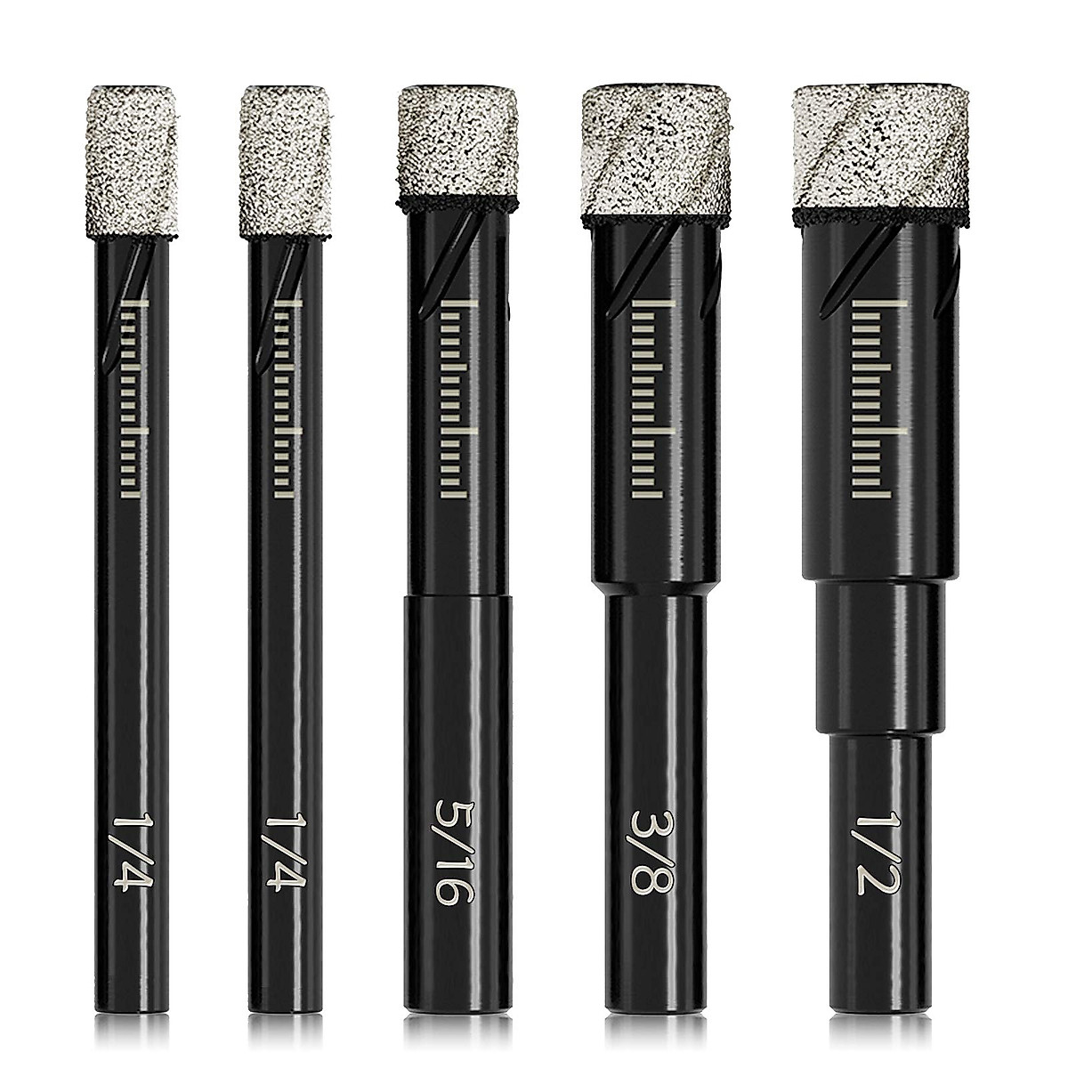 Dry Diamond Drill Bits Set 5 PCs for Granite Ceramic Marble Tile Stone Glass Hard Materials (not for Wood), Round Shank 1/4, 5/16, 3/8, 1/2 inch with Storage Case