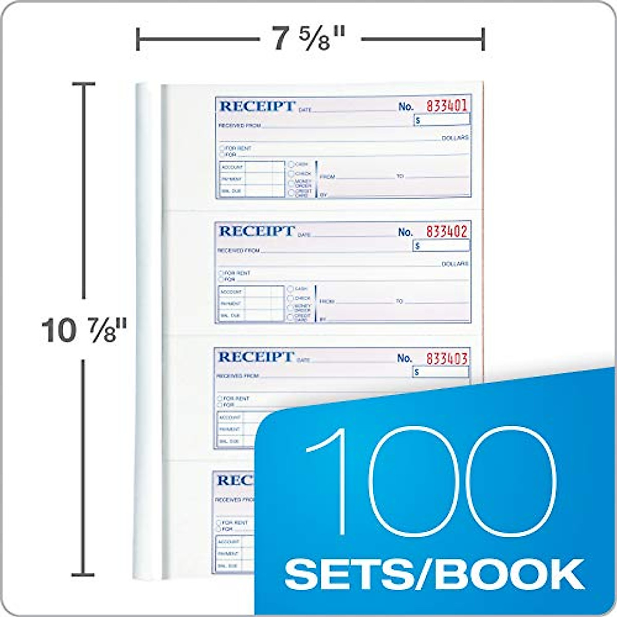Adams Money and Rent Receipt Books, 3-Part Carbonless, 7-5/8" x 10-7/8", Bound Wraparound Cover, 100 Sets per Book, 4 Receipts per Page, 5 Books per Pack (TC1182-5)