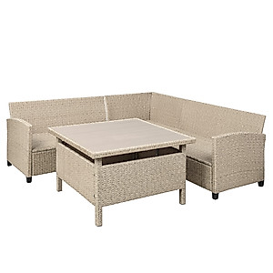 BIADNBZ Outdoor Weather Brown Rattan Wicker Sectional Couch Conversation Sofa Dining Table for Porch, Backyard, Garden, Poolside, 6-Piece Patio Furniture Set with Two Bench, Gray