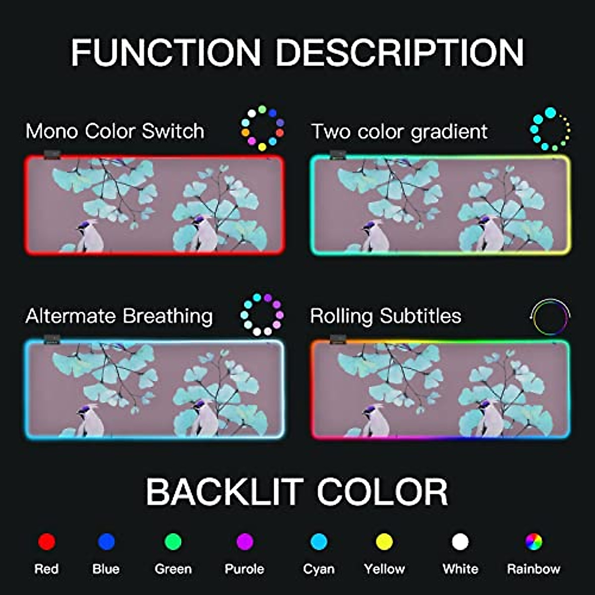 Large RGB Gaming Mouse Pad Ginkgo Leaves Birds Pattern Glowing Extended Mousepad 31.5x11.8in, Soft Anti-Slip Rubber Base Luminous Mouse Mat for Pc Laptop, Gaming, Office, Home