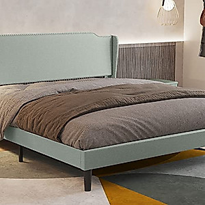BONSOIR Queen Size Bed Frame Traditional Upholstered Low Profile Platform with Wing Back and Nail Trim Headboard/No Box Spring Needed/No Bed Skirt Needed/Soft Linen Fabric Upholstery/Light Green