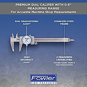 Fowler 52-008-706-0, Premium Dial Caliper With 0-6" Measuring Range (White)