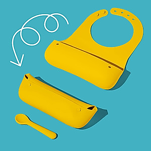 Avanchy Silicone Baby Bibs, Waterproof, Adjustable, BPA Free, Soft Unisex Set for Toddlers with Matching Spoon, Gray