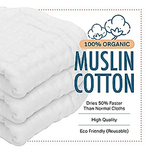 AllSett Health 10 Pack Muslin Burp Cloths Large 20" by 10" 100% Cotton, Hand Wash Cloth 6 Layers Extra Absorbent and Soft White