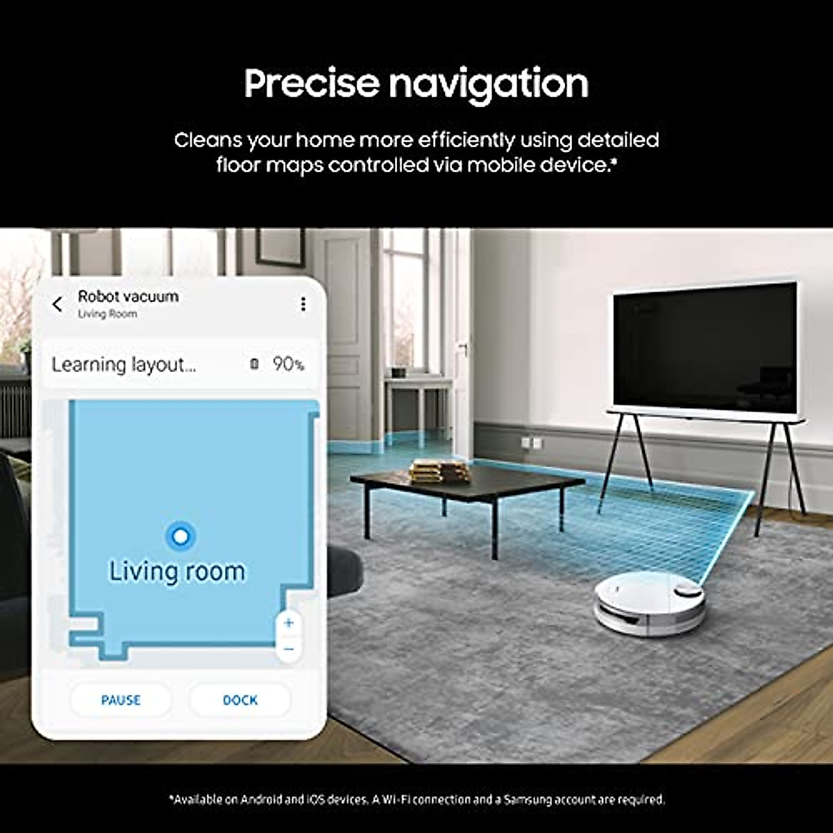 SAMSUNG Jet Bot Robot Cordless Vacuum Cleaner w/Intelligent Power Control, Precise Navigation, Multi Surface Cleaning for Hardwood Floors, Carpets, Rugs, Anti Hair, VR30T80313W/AA, White