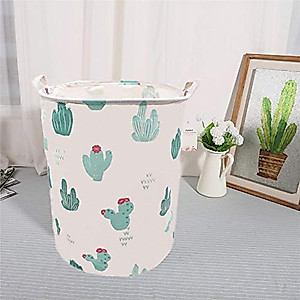 Large Storage Bins 19.7x15.7 Inch, ZUEXT Waterproof Foldable Cotton Canvas Fabric Storage Bin, Collapsible Round Clothes Laundry Hamper w/Leather Handles, Cactus Storage Basket, Toy Books Holder