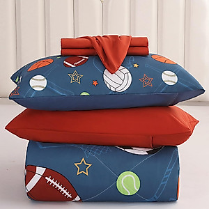 lwfushi Sports Comforter Set Blue Ball Bedding Set Full Size Baseball Basketball Soccer Tennis Bed Set for Teens Kids (1 Comforter,1 Flat Sheet,1 Fitted Sheet,2 Pillowcase and 2 Pillow Sham)