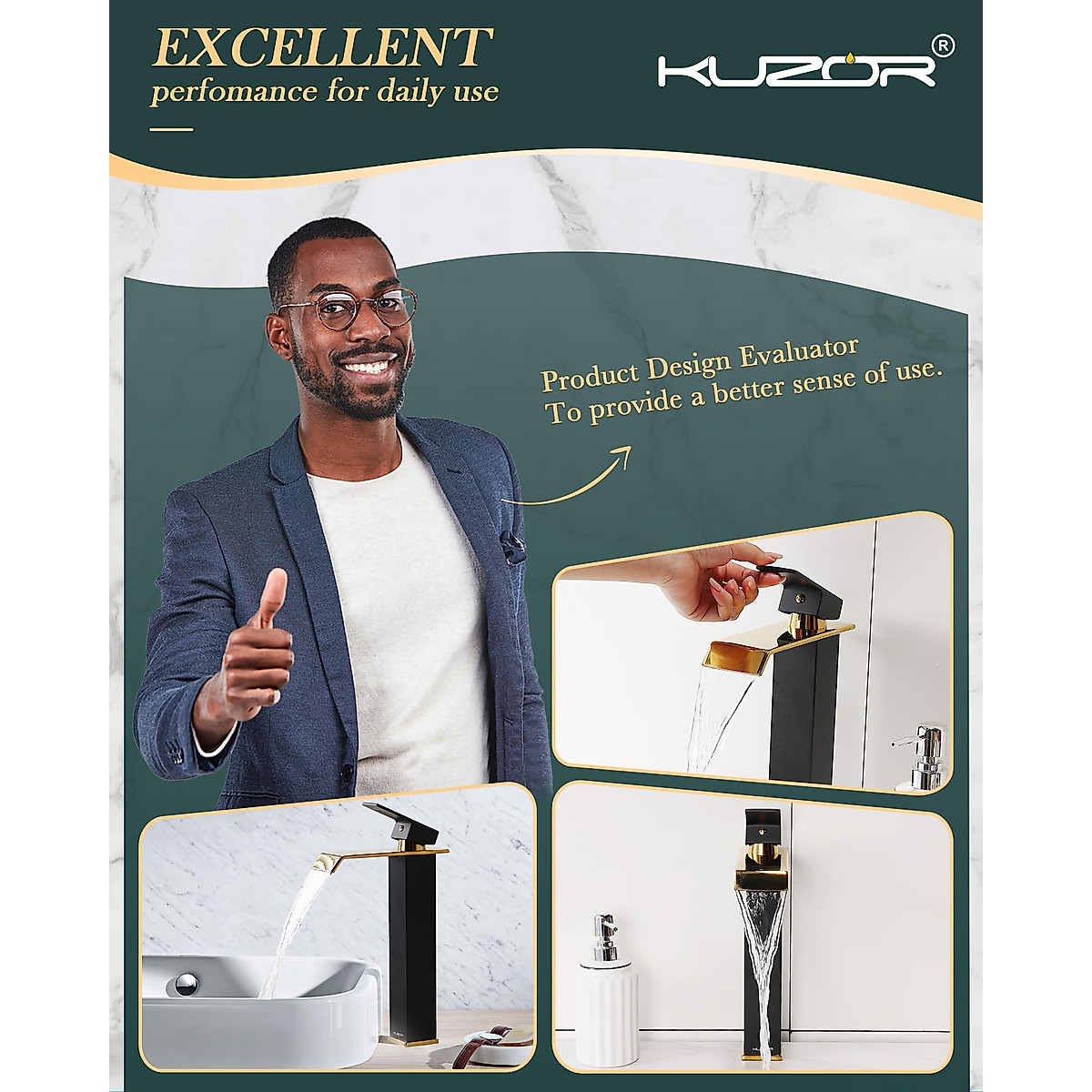 KUZOR 1PC Vessel Sink Faucet Brass Stainless Steel, Tall Bathroom Faucet 1 Hole 5-Minutes Installation - for Bathroom/Vanity/Bowl Sink - 11.26 Inch Height, 24.9 Oz Weight - Matte Black/Shiny Gold