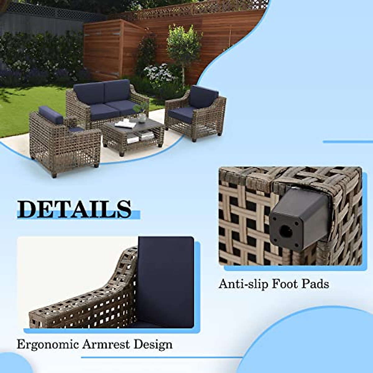 MELLCOM 4-Piece Outdoor Sectional Sofa Couch, Patio Furniture Set with Cushions and HDPE Table Top, Handwoven PE Wicker Rattan Patio Conversation Set for Patio, Garden, Yard, Pool, Brown and Blue