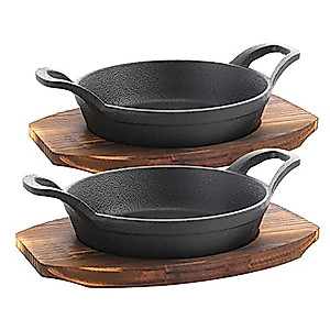 Bruntmor Mini Cast Iron Sizzler Plates Skillet Set Of 4. Round Fajita Plate With Wooden Base/Pan Tray Serving Sizzling Dish And Fajitas, Hot Steak Skillet Dish Without Sinking (2 Sets)