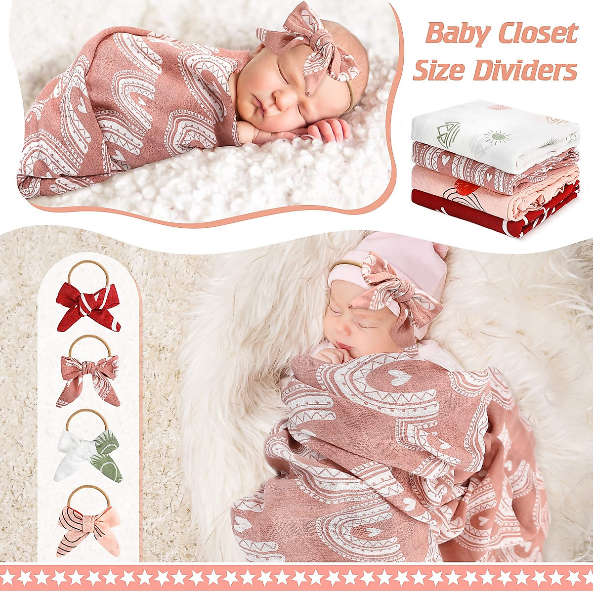 Tatuo 8 Pcs Baby Receiving Blanket Cotton 47 x 47 Inches Muslin Swaddle Blankets 4 Headband 4 Baby Swaddle for Newborns Accessories Set Breathable Soft Flamingo Flower Blankets(Boho Rainbow)