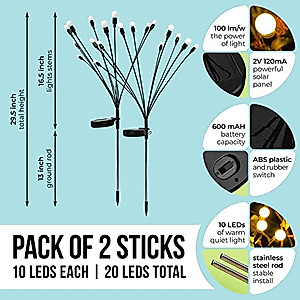 Ganok Solar Garden Lights, Starburst Wind Swaying Outdoor, Fireflies Solar Panel Waterproof Lights for Patio, Lawn & Yard Pathway Decoration, Autonomous 10 LED Soft Warm White - 2 Pack