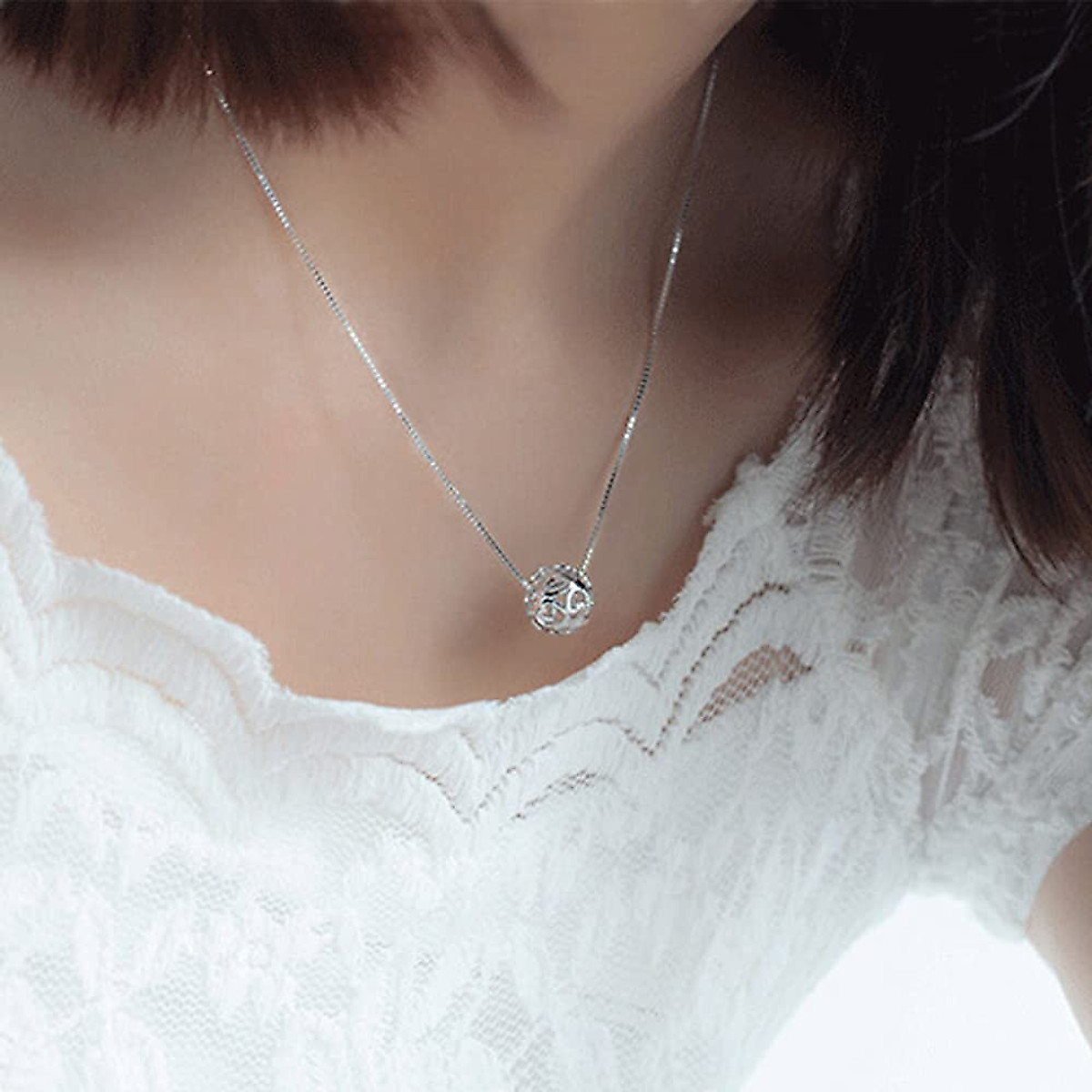 H&Beautimer 925 Sterling Silver Italian Handmade Box Chain Necklace for Women - Minimalist Ball Pendant Necklace 18'' - Charm Jewelry-Birthday Gift (Hollow Style)