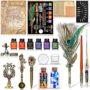 AIYNC Quill Pen and Ink Set, Feather Pen Ink Set, Wax Seal Stamp Kit, Calligraphy Set, Valentine's Day Gifts for Writing Lovers Birthday Gifts, Ideal Calligraphy Gifts for Holidays(Peacock Feather)