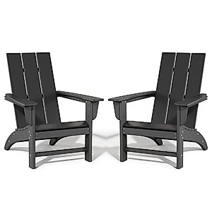 Poly Lumber Adirondack Chairs Set of 2, All-Weather Resistant Outdoor Patio Chairs, Look Like Wood, Pre-Assembled Outdoor Fire Pit Chair for Pool, Deck, Backyard, Garden, Black