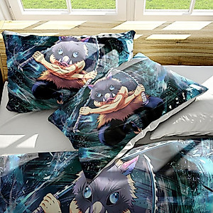 NICHIYOBI Demon Killer Inosuke Beast Breathing Inoko Duvet Cover Set 3D Bedding Comforter Cover 3 Pcs (1 Duvet Cover+2 Pillowcases) Bedding Set (11,Full-80x90in+20x30in*2)