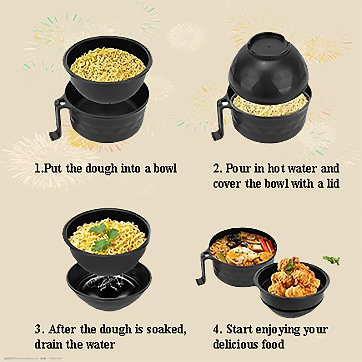 Microwave Ramen Bowl Cooker Set - Wheat Straw Instant Noodles Bowl with Handles, Ramen Noodle Cooker with Spoon Chopsticks Fork, College Dorm Room Apartment Essentials (Black)