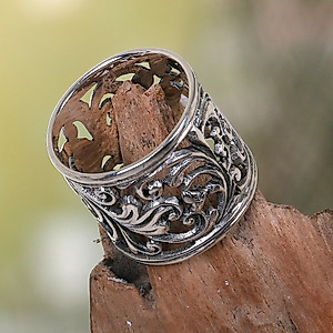 NOVICA Artisan Handcrafted Sterling Silver Band Ring Balinese Women's Wide No Stone Indonesia Leaf Tree Bohemian [band Width 18 mm W] ' Tropical Rain Forest'