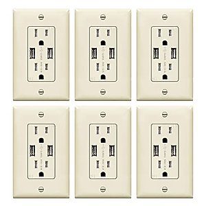 TOPGREENER 3.6A USB Wall Outlet Charger, 15A Tamper-Resistant Receptacles, Compatible with iPhone SE/11/XS/XR/X/8, Samsung Galaxy S20/S10/S9/Note, LG, HTC & More, TU2153A-LA-6PCS, Light Almond, 6 pack