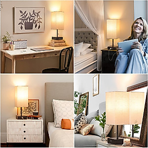 GGOYING Bedside Table Lamp, Pull Chain Table Lamp with 2 USB Charging Ports, 2700K LED Bulb, Fabric Linen Lampshade, Nightstand Lamp for Livingroom Bedroom Office Reading Working