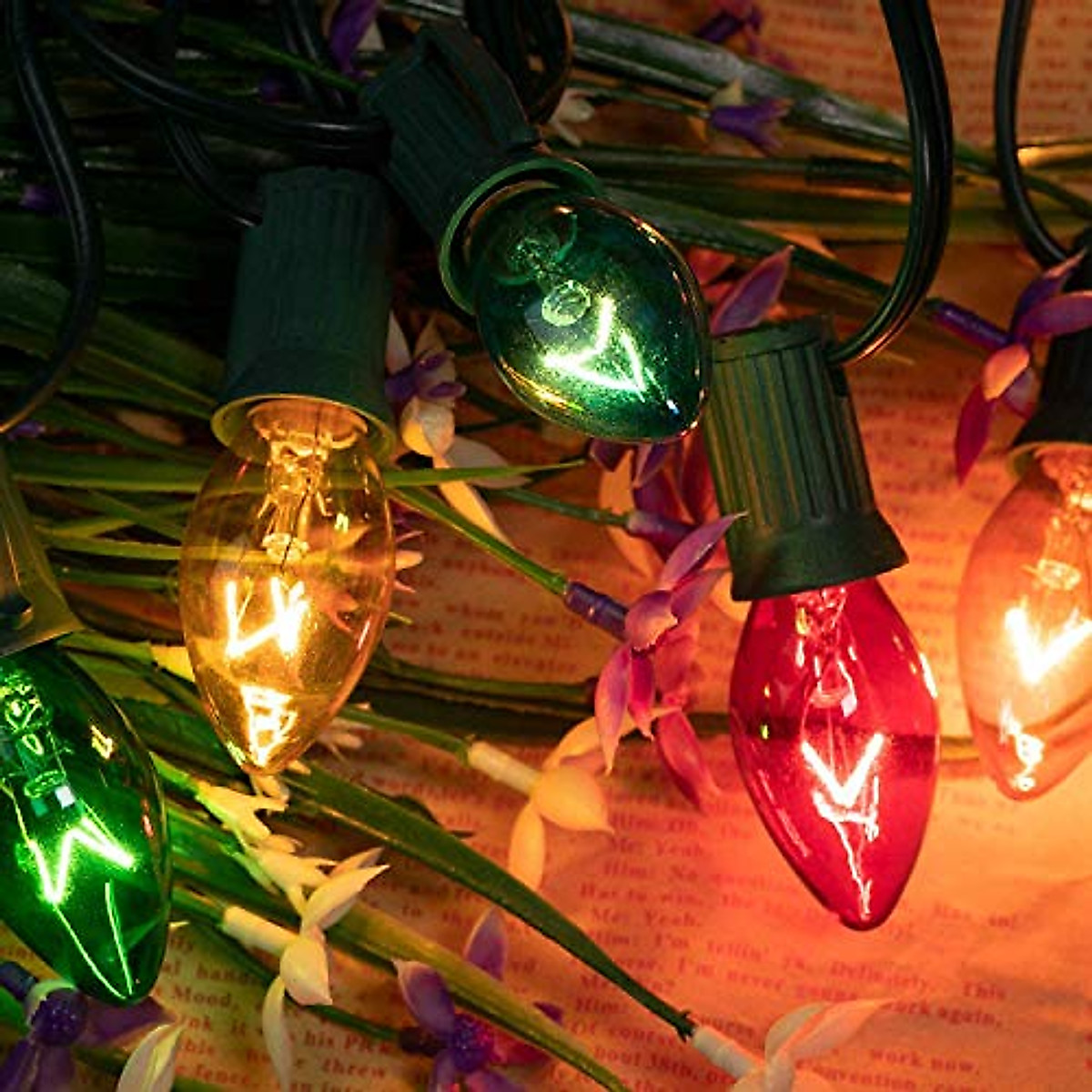 50 Feet C9 Bulb String Lights Outdoor Multicolored Christmas Lights Green Wire for Outdoor Patio Room Christmas Tree Party Backyard Decoration, E17 Base, 50 Bulbs