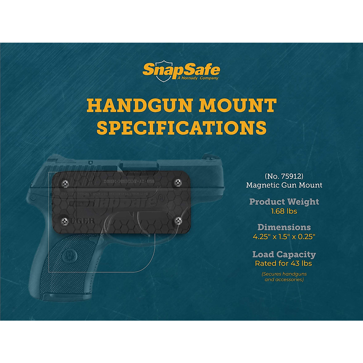 SnapSafe Magnetic Gun Mount 75912-Non-Scratch Rubber Coated Gun Magnet Mount for Pistols, Handguns, Revolvers, & Firearm Accessories - Magnetic Gun Holder Rated for 43 Pounds, Includes Mounting Screws