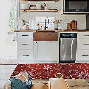 Libaoge Kitchen Mat Rug 1 PCS Christmas Golden Snowflake Red Runner Rug Anti-Fatigue Comfort Memory Foam Standing Mat Non-Slip Floor Door Mat for Bathroom Bedroom 24x71in