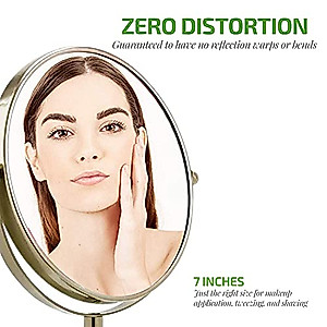 Ovente 7'' Tabletop Makeup Mirror with Stand, 1X & 7X Magnification, Adjustable Double Sided Round Magnifier, Ideal for Dresser, Vanity, Office Station & Bathroom, Nickel Brushed MNLCT70BR1X7X