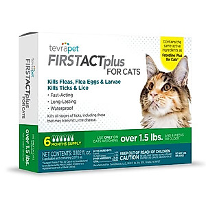 TevraPet FirstAct Plus Flea and Tick Prevention for Cats Over 1.5lbs, 6 Monthly Doses, Topical Drops