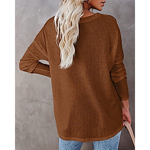 Newffr Women's V Neck Waffle Knit Blouses Button Down Shirts Casual Long Sleeve Tunic Cardigan Tops Caramel