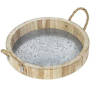 MyGift 12 Inch Round Paulownia Wood Decorative Tray with Rope Handles and Galvanized Metal Base, Large Ottoman Serving Tray for Living Room