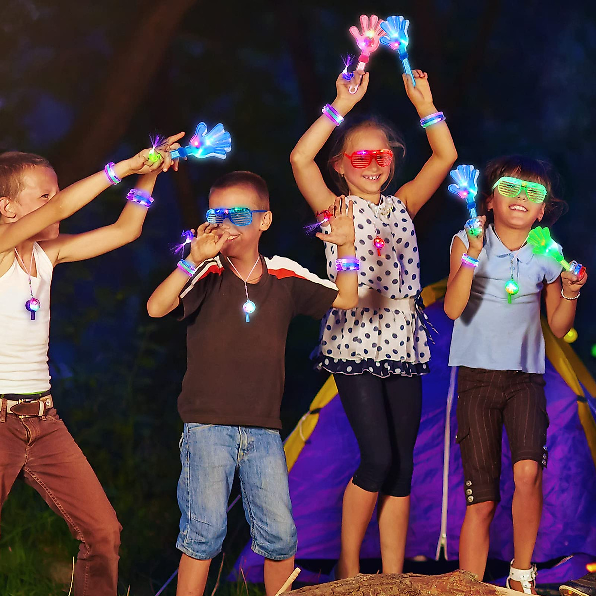 122 PCS Glow In The Dark Party Supplies Light Up Toy Party Favors with 12 Flashing Glasses LED Bracelets Flashing Hair Neon Peacock Finger Light LED Whistle Glow Hand Clappers and 50 Finger Lights