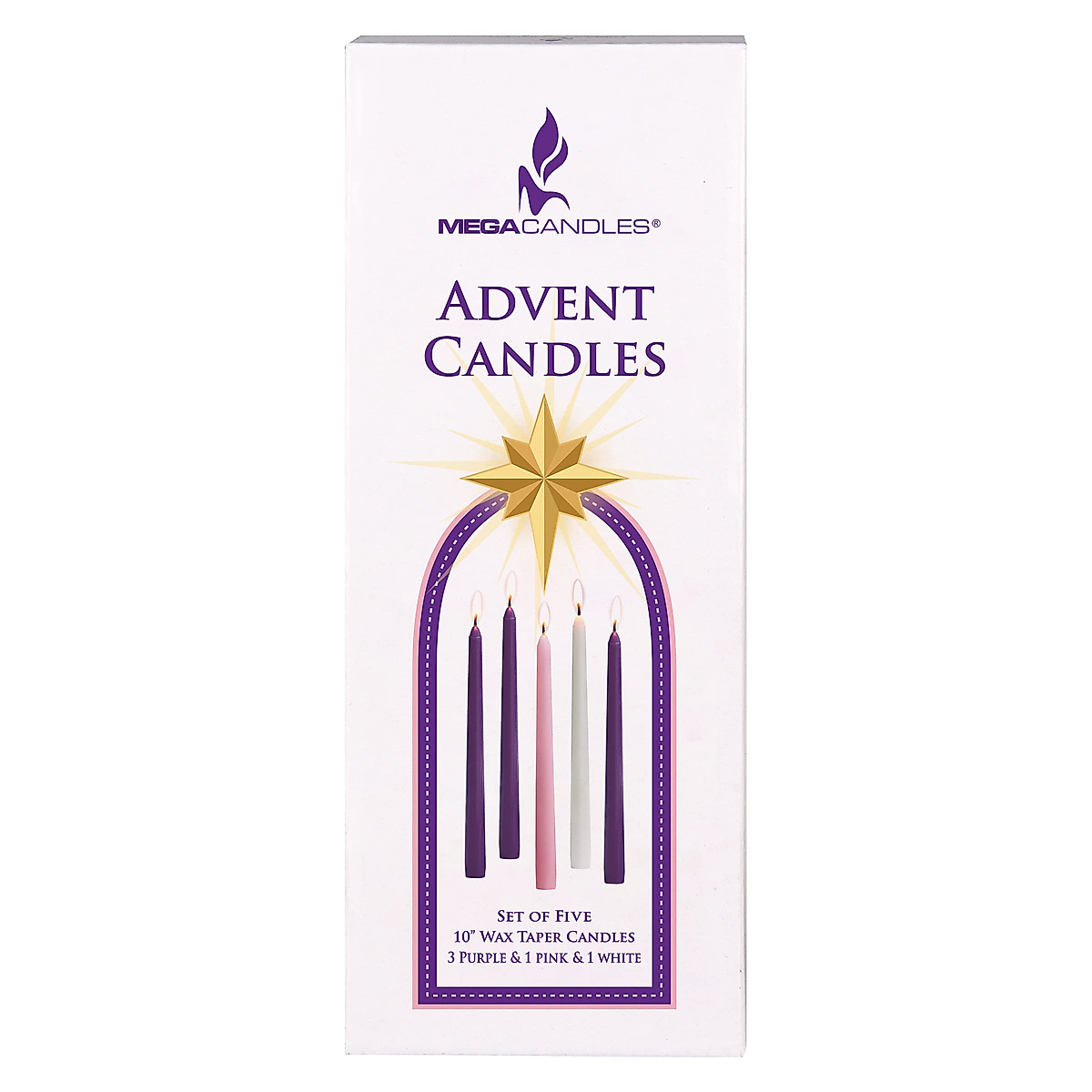 Mega Candles 5 pcs Unscented Christmas Advent Candles Set, Hand Poured Premium Wax Taper Candle 10 Inch x 7/8 Inch, Holidays, Celebrations, Devotional, Church, Wreath, Party, Gifts