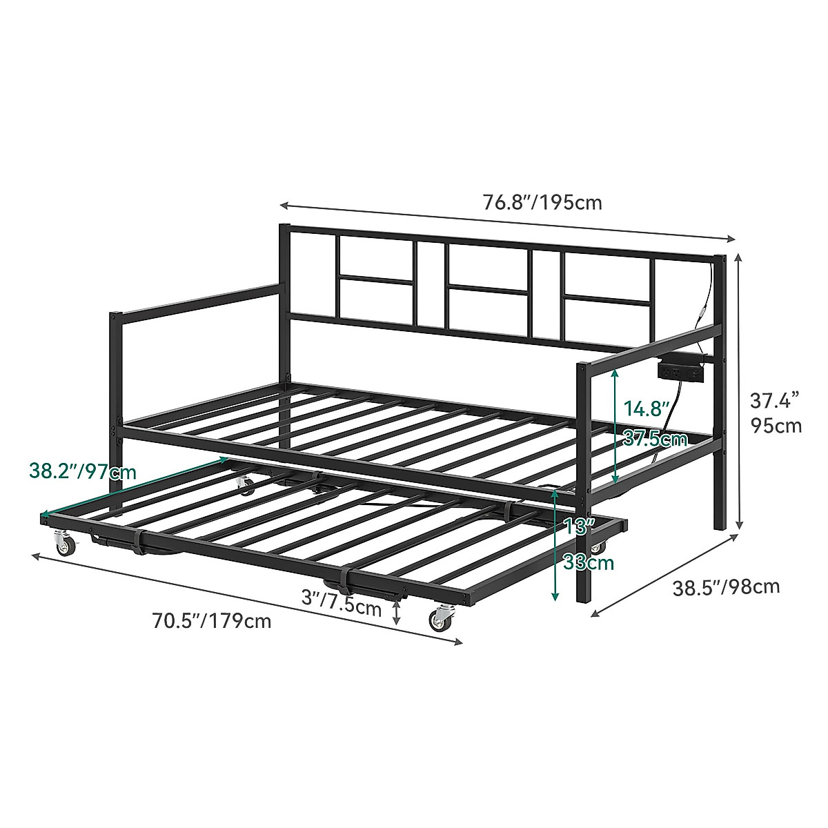 YITAHOME Twin Daybed with RGB LED Lights & Charging Station, Height Adjustable Day Bed Frame with Trundle, Versatile Metal Sofa Bed Frame for Bedroom, Living Room, Guest Room, Black